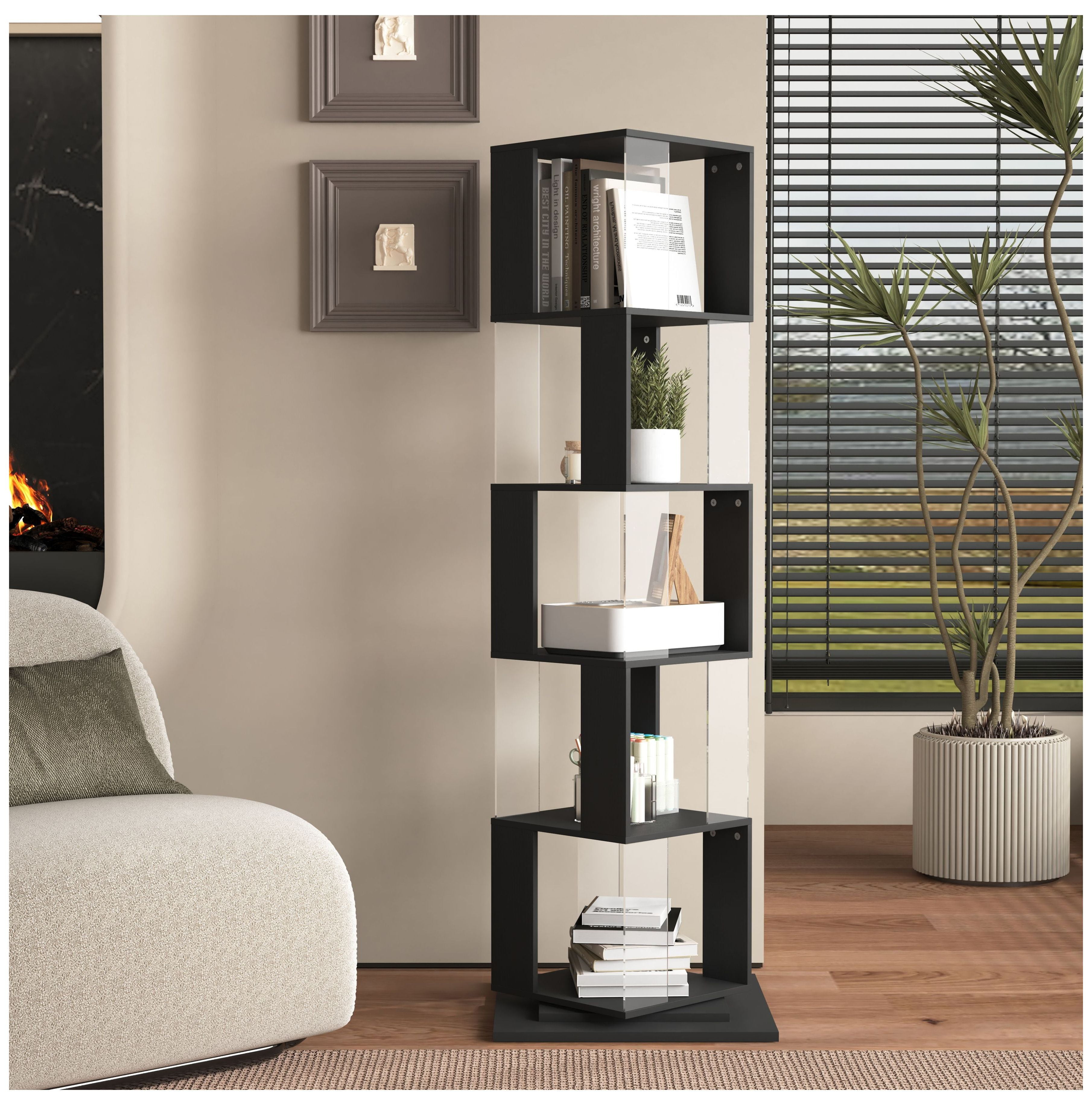5 tier Rotating Bookshelf, Floor Rack Simple Bookcase with Acrylic plate Student Multi-Function ...
