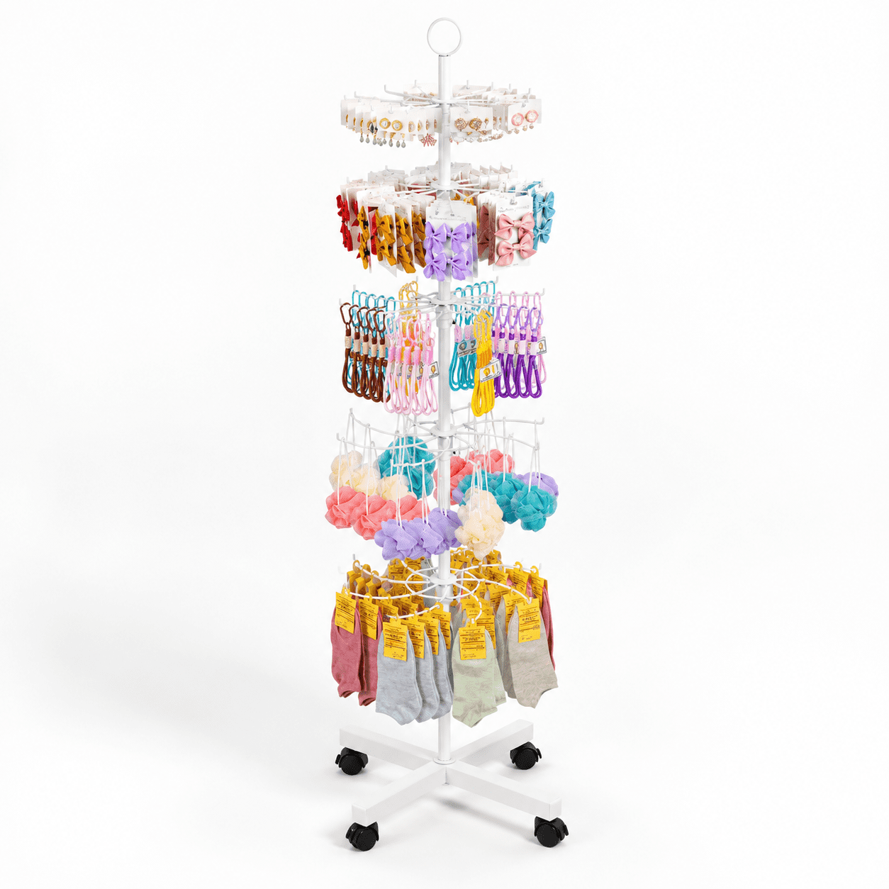 5-tier Rotating White Retail Display Stand with Lockable Wheels ...
