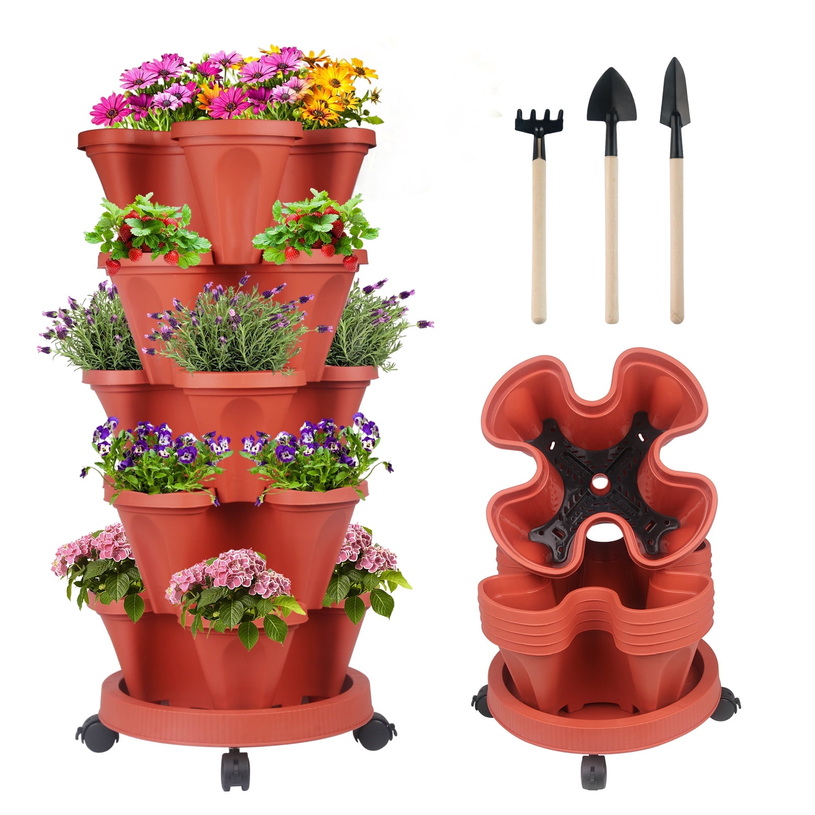 5-Tier Stackable Planter with Wheels & Tools, Self-Watering, Ideal for ...
