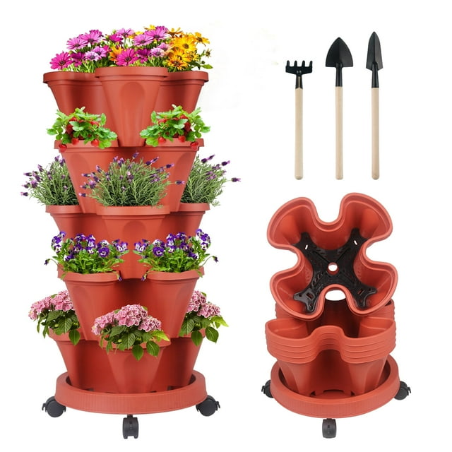 5-Tier Stackable Planter with Wheels & Tools, Self-Watering, Ideal for ...