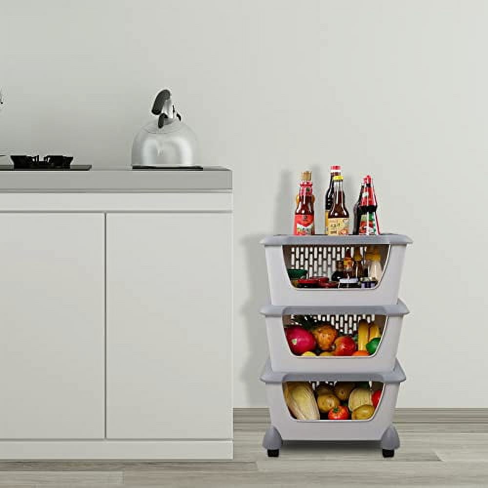 5-tier Stacking Storage Basket Tower with Wheels, Plastic Open Stacking ...