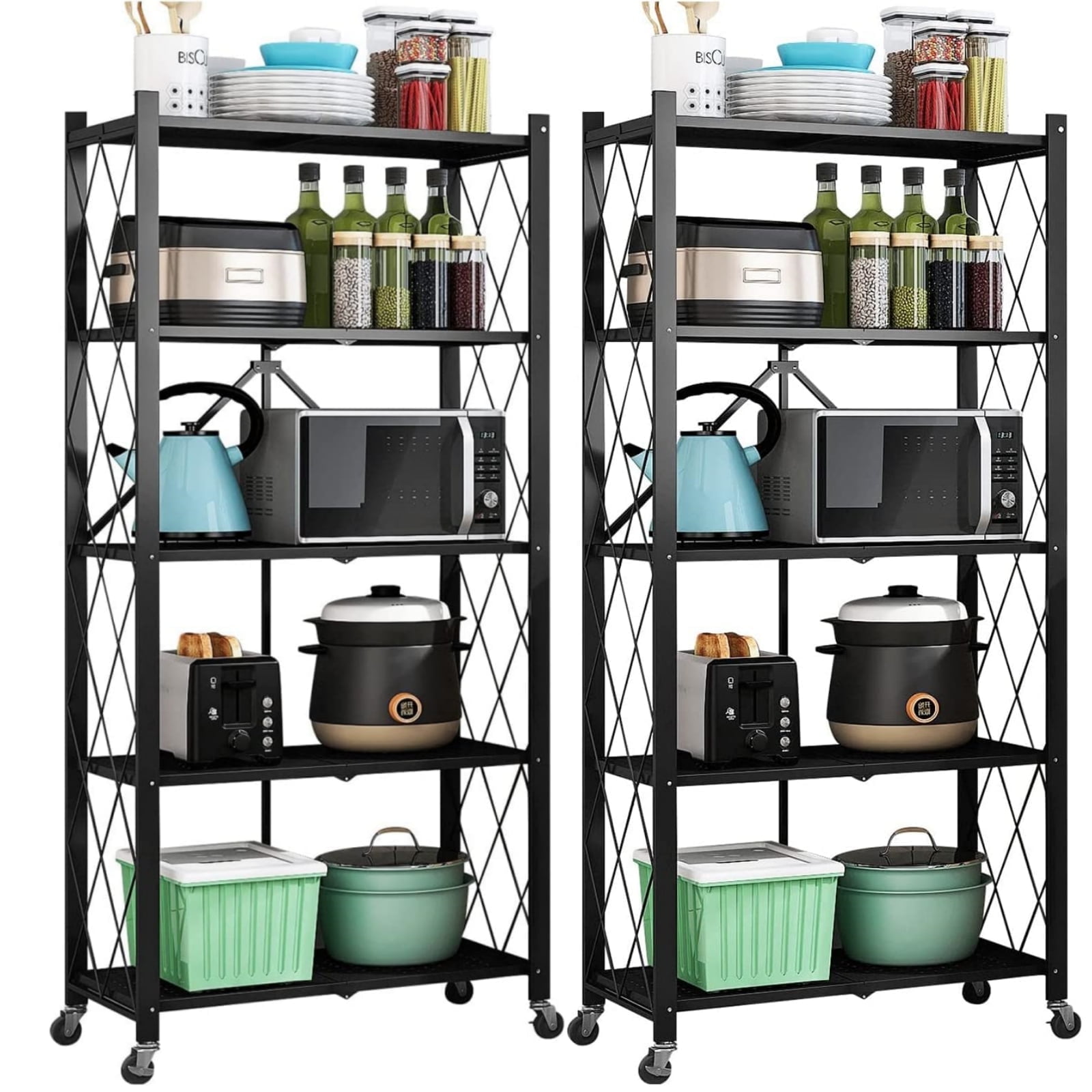 5-Tier Foldable Storage Shelf with Wheels, Heavy-Duty Metal, Kitchen ...