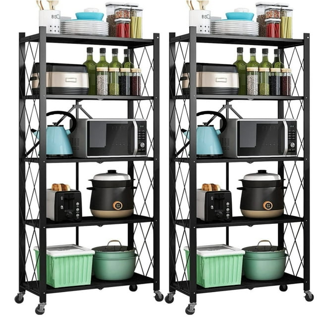 5-Tier Foldable Storage Shelf with Wheels, Heavy-Duty Metal, Kitchen ...