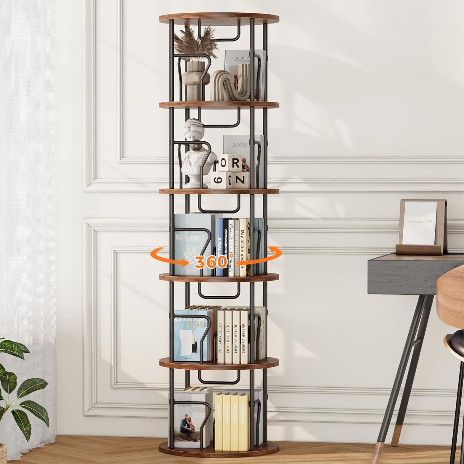 5 tier rotating bookshelf tower, 360° display round bookcase, floor ...