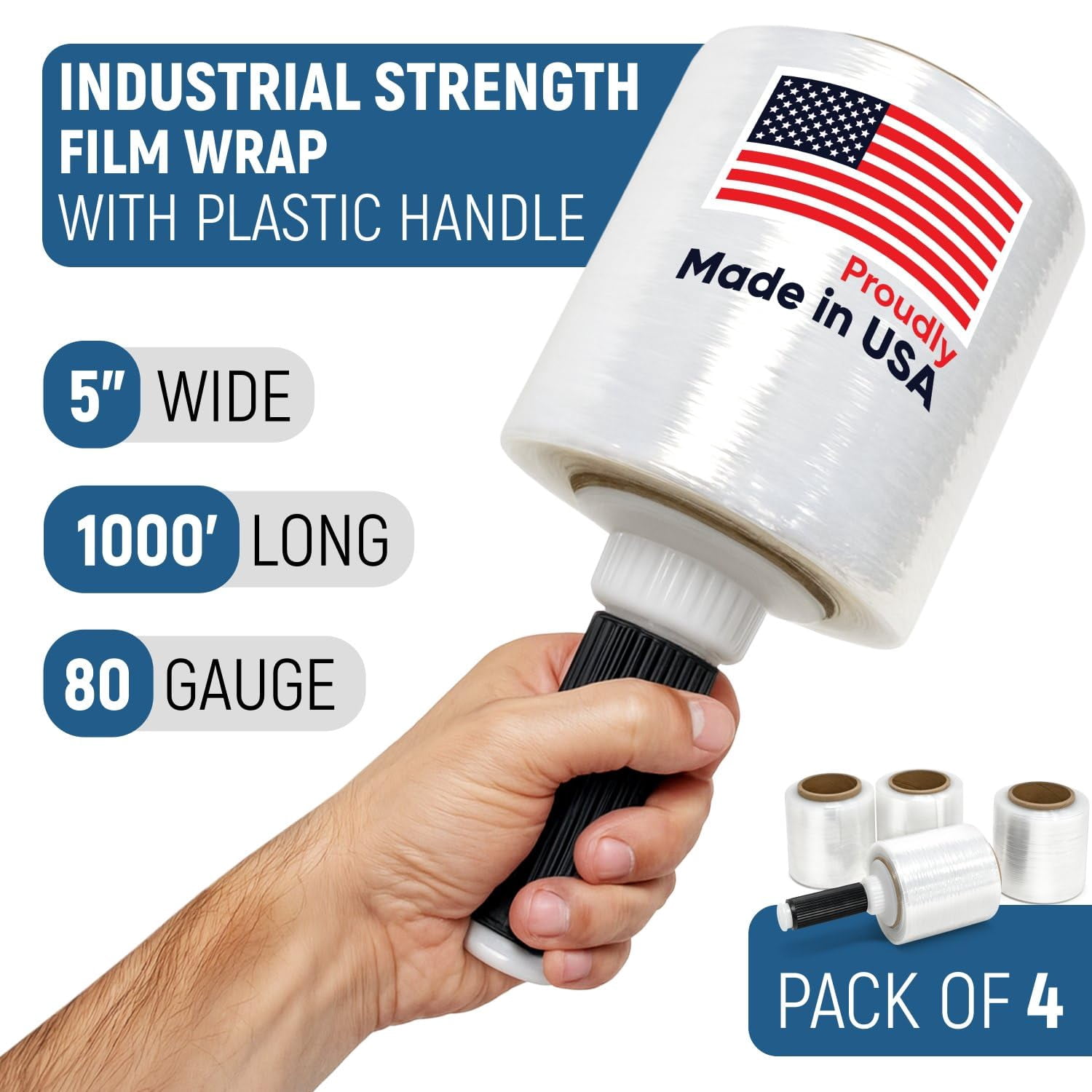 5” x 1000’ Stretch Wrap Mini 4 Rolls with Handle – Clear Plastic ...