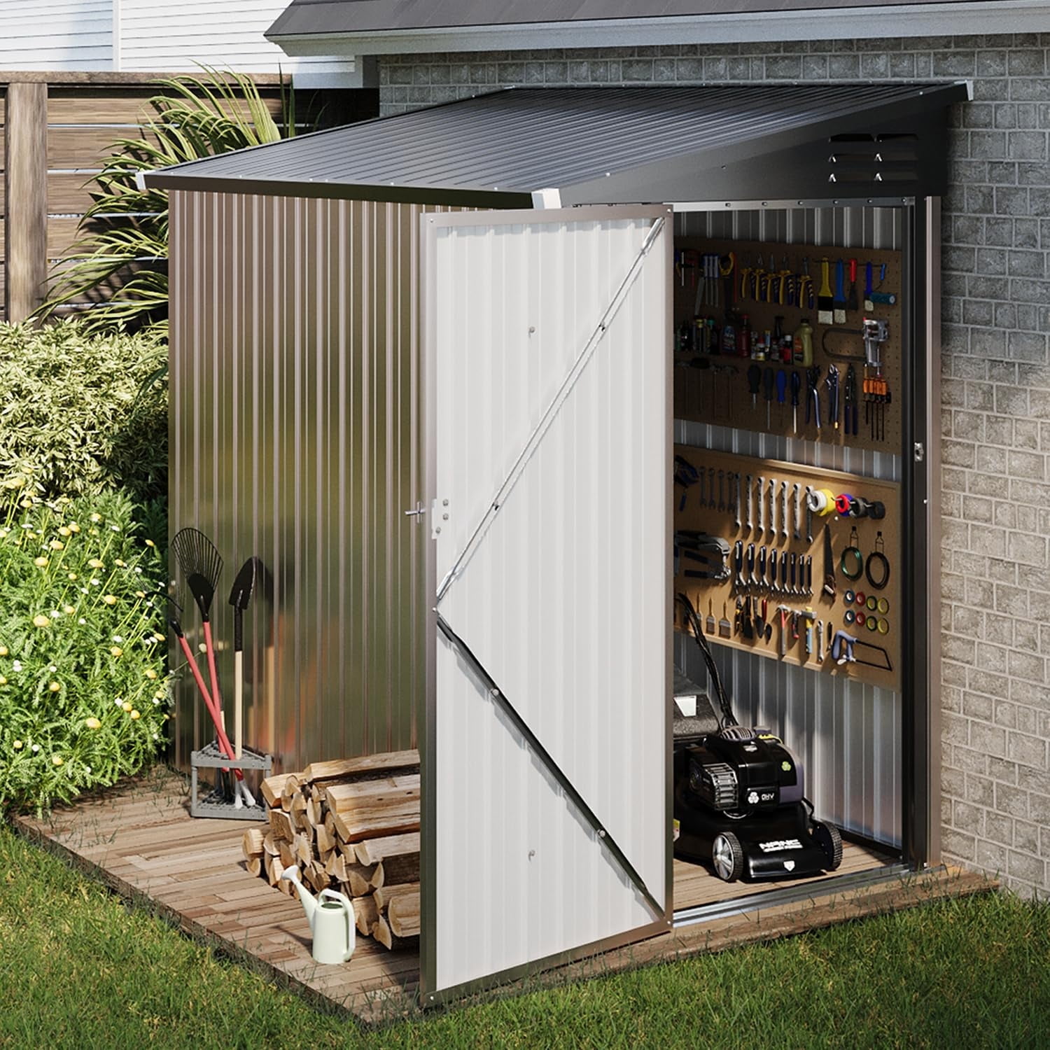 5' x 3' Outdoor Metal Shed with Base, Sturdy Garden Storage for Tools ...