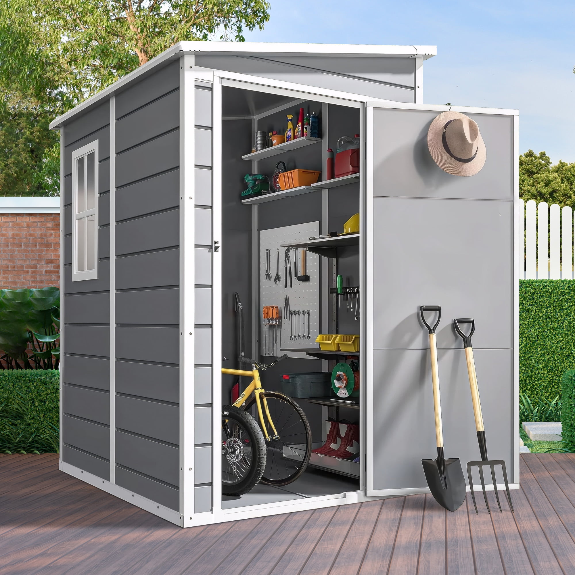 5' x 4' Outdoor Storage Shed, Plastic Garden Shed with Lockable Doors ...