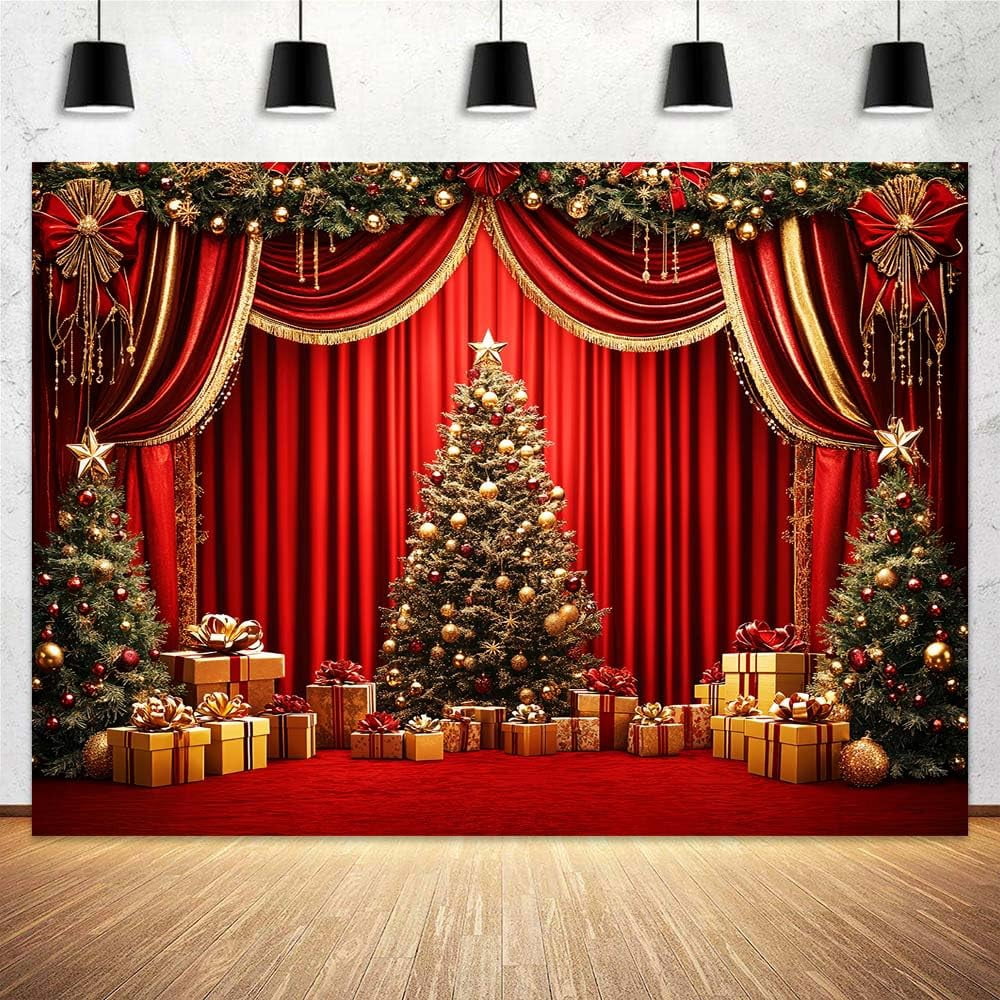 5 x 3 ft Christmas Backdrop Red Gold Stage Curtain Christmas Tree ...