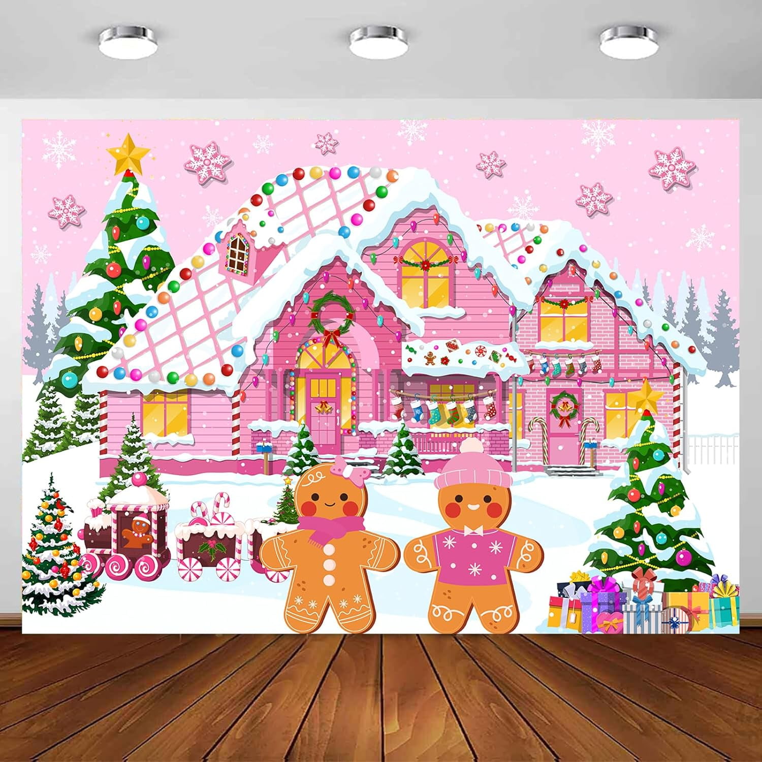5 x 3 ft Christmas Gingerbread House Photo Backdrop Photography Background, Pink Merry Christmas ...