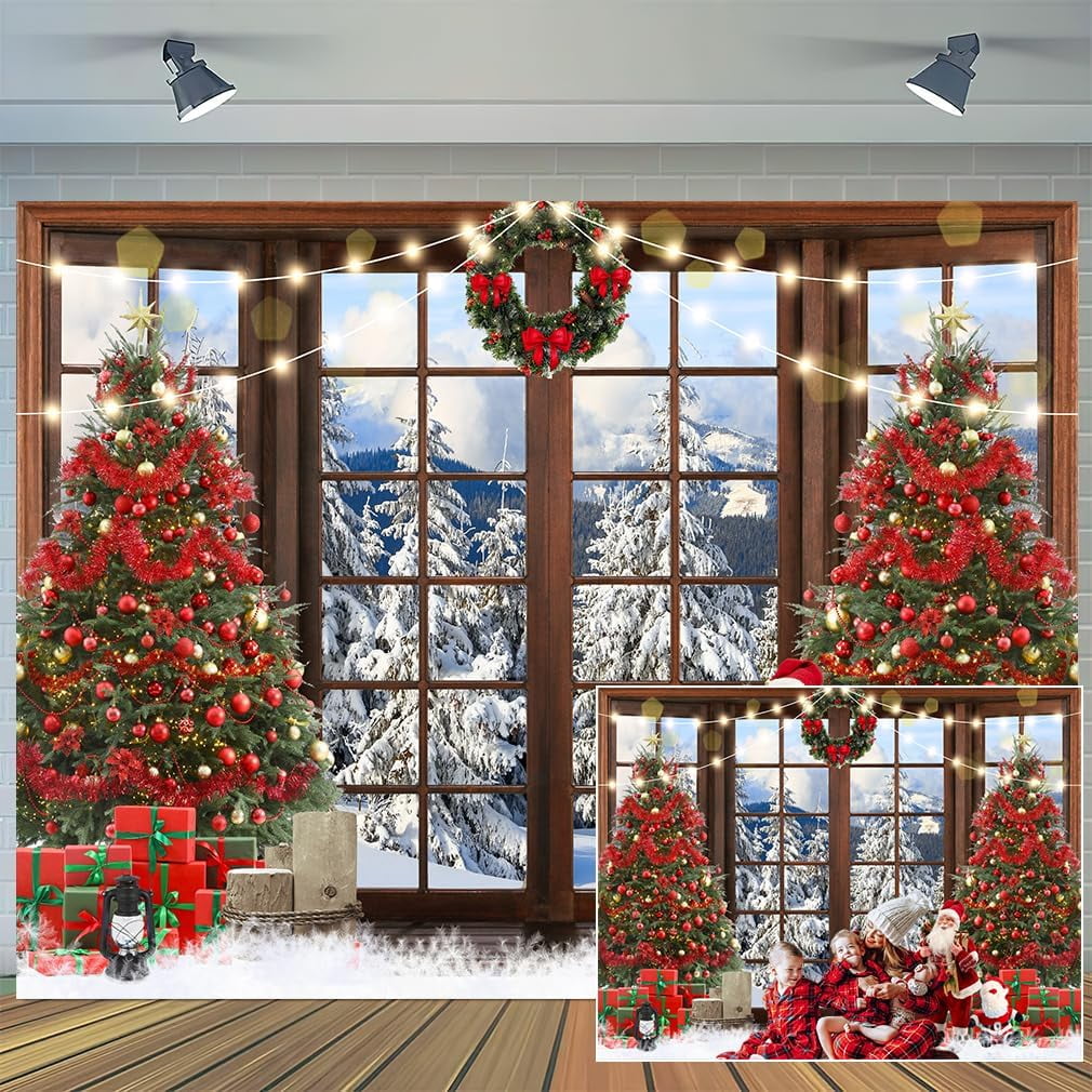 5 x 3 ft Christmas Window Backdrop for Photography Winter Snow Xmas Tree Snowflakes Background ...