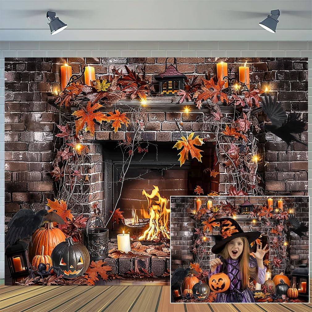 5 x 3 ft Halloween Fireplace Backdrops Photography Fall Fireplace Stone ...