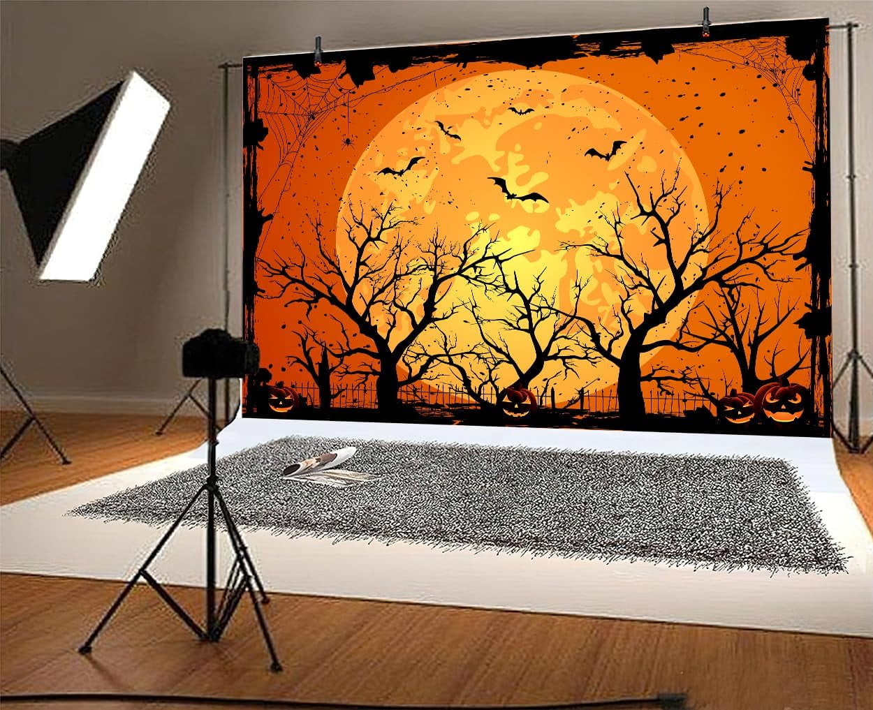 5 x 3 ft Happy Halloween Orange Backdrop Bat Scary Pumpkin Lantern Full ...
