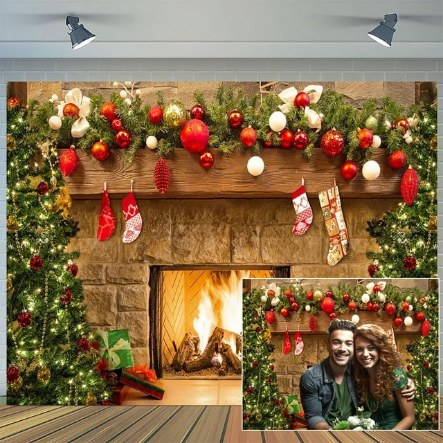 5 x 3 ft Merry Christmas Fireplace Theme Backdrop Merry Christmas Eve for Photography Backdrops ...