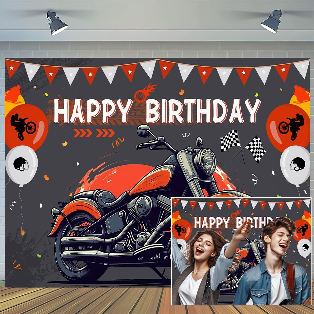 5 x 3 ft Motorcycle Happy Birthday Backdrop, Orange Motorcross Cool ...