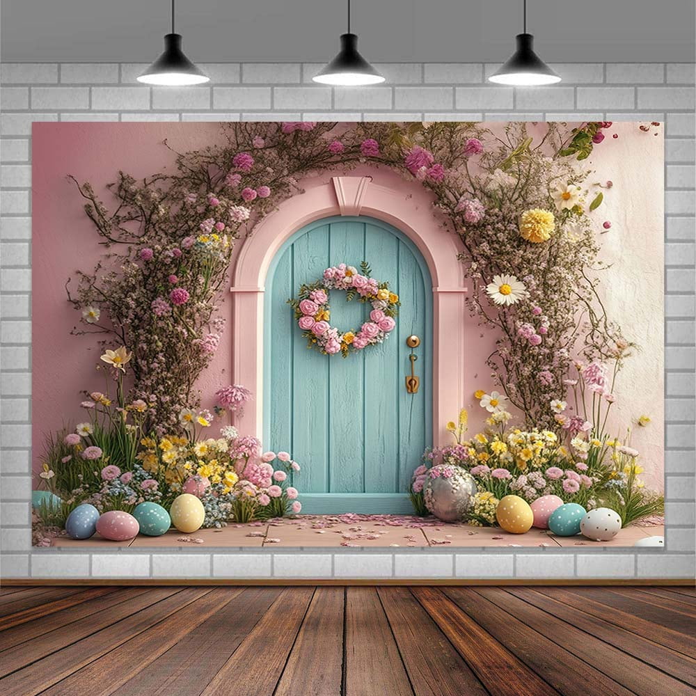 5 x 3 ft Spring Easter Backdrop Pink Garden Bunny Colorful Eggs Floral ...