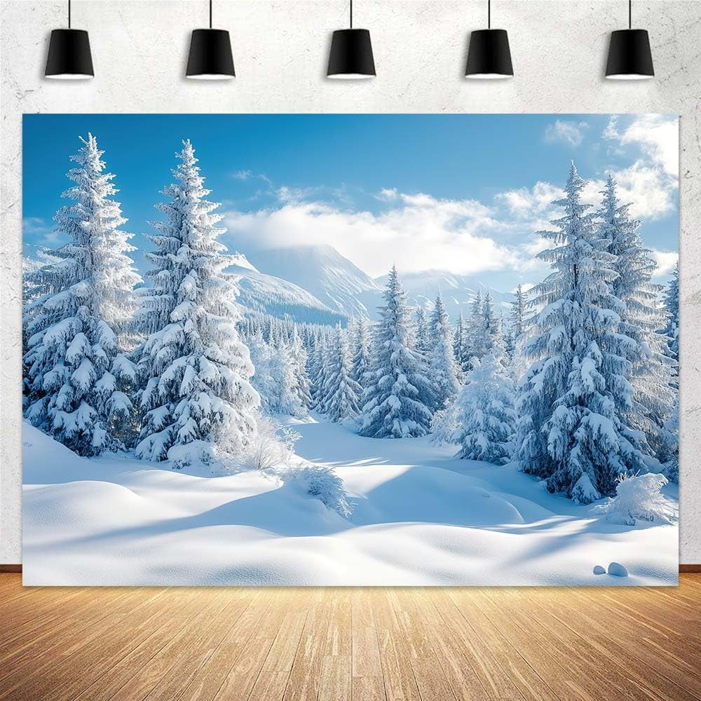 5 x 3 ft Winter Snow Forest Backdrop White Xmas Trees Wintry Scene Alps ...