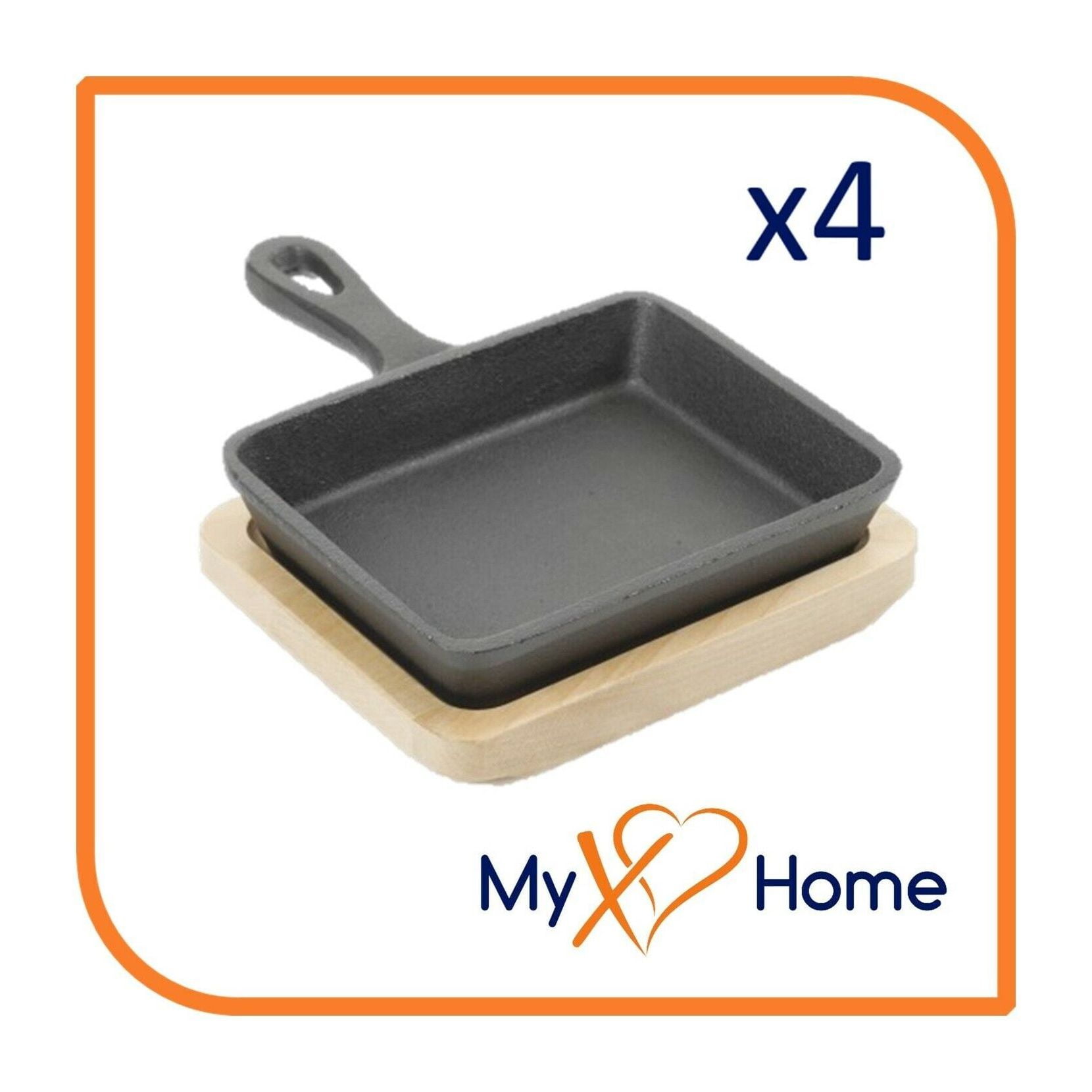 5" x 4" Rectangular Cast Iron Frying Pan / Skillet with Wooden Base (4 ...