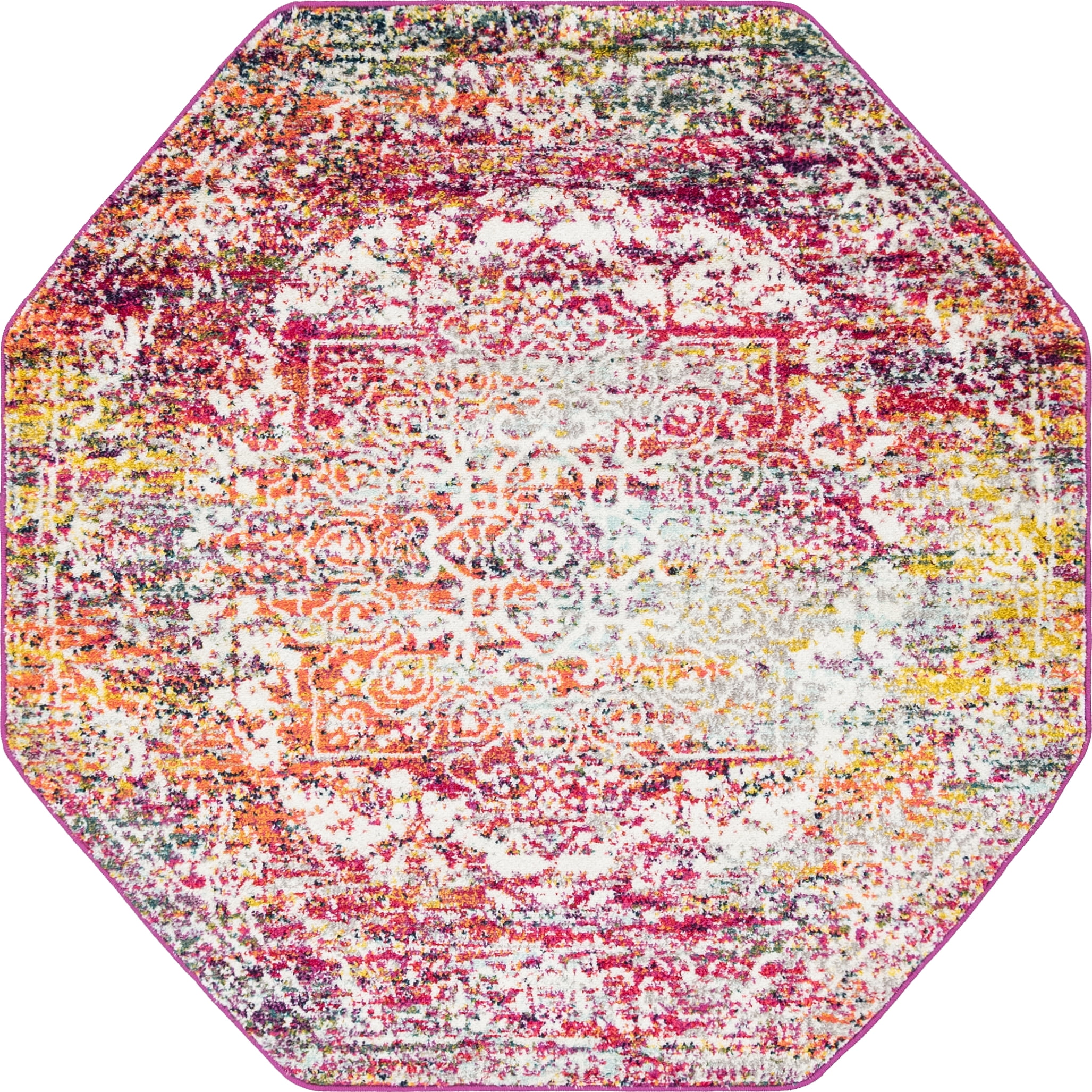 5' x 5' Medallion Fuchsia Pink and Ivory Octagon Area Throw Rug ...