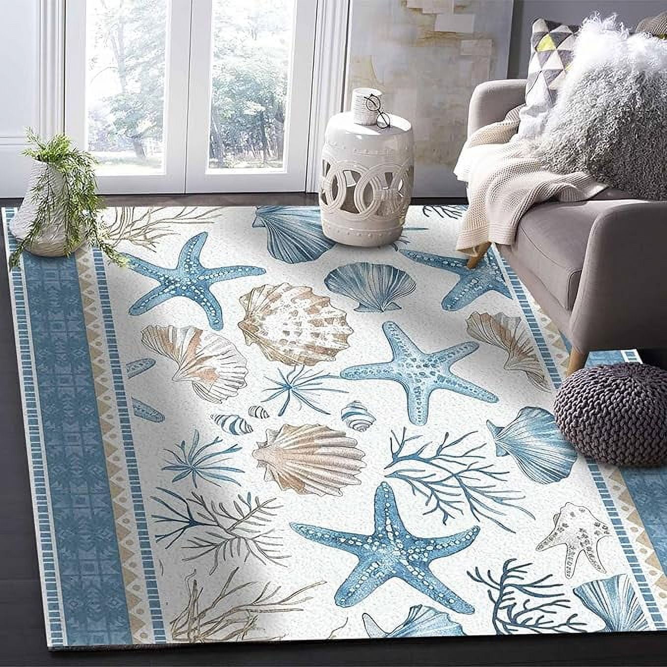 5 x 6ft Rectangular Area Rug For Living Room, Bedroom, Blue Coastal ...