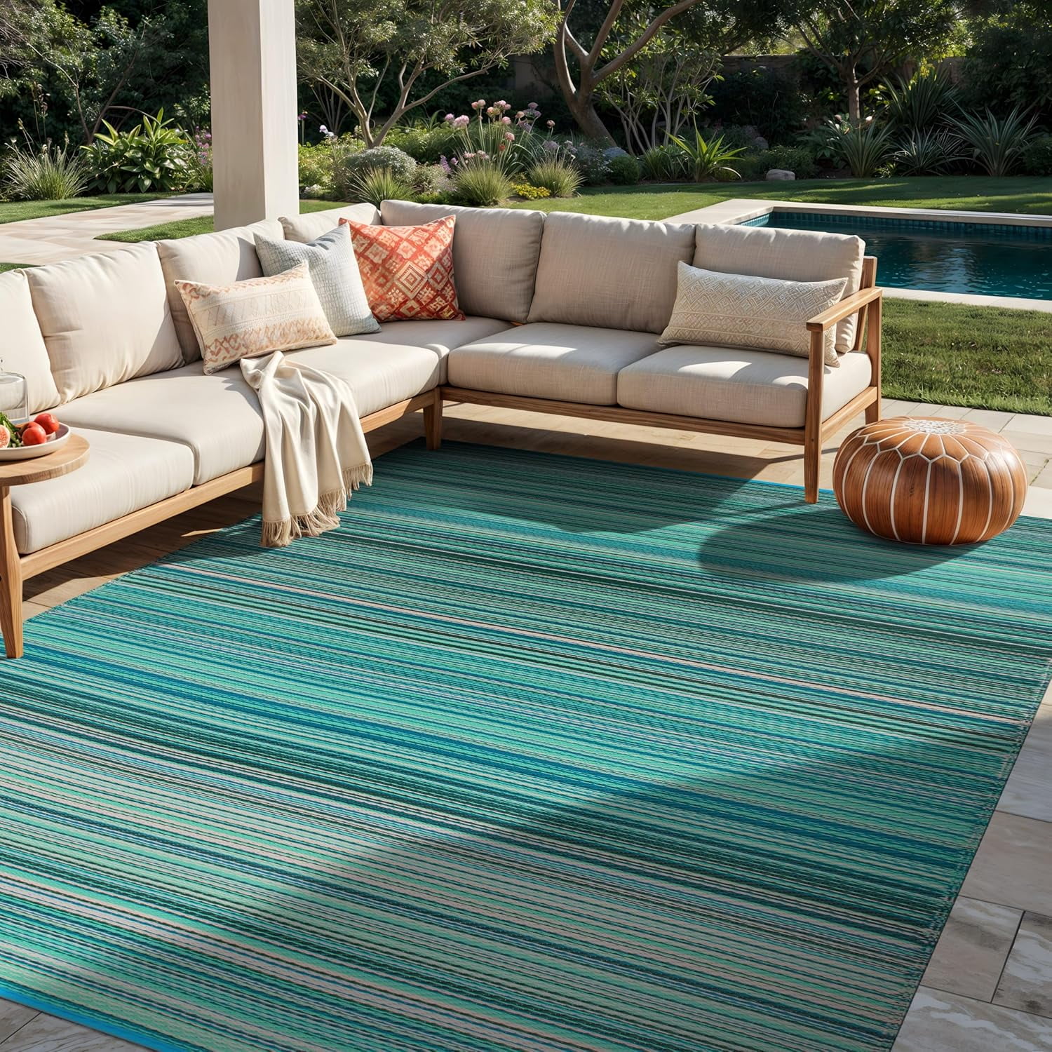 5' x 7' Blue Contemporary Stripe Outdoor Rug, Reversible Crease-Free ...