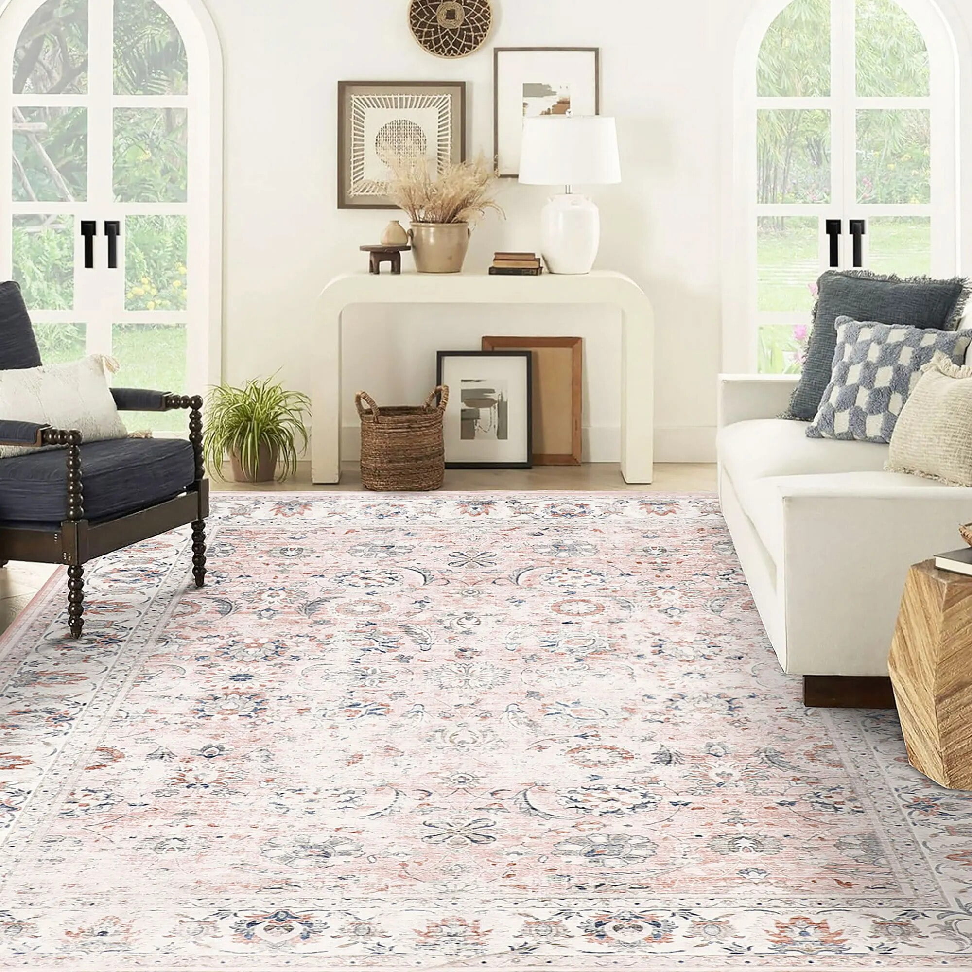 5' x 7' BERTHMEER Distressed Oriental Pink Rug, Non-slip, Washable ...