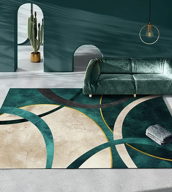 5 x 7ft Beige Green Geometric Area Rug, Modern Wavy Circles Indoor Rugs ...