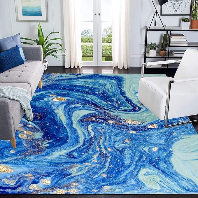 5 x 7ft Blue Gold Ocean Wave Rug, Decorative Rug, Abstract Aesthetic ...