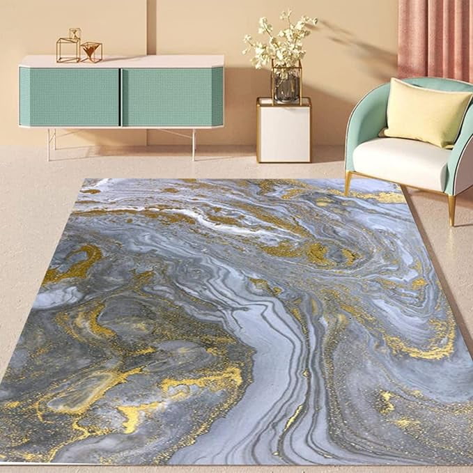 5 x 7ft Grey Gold Marble Area Rug, Modern Abstract Liquid Pattern ...