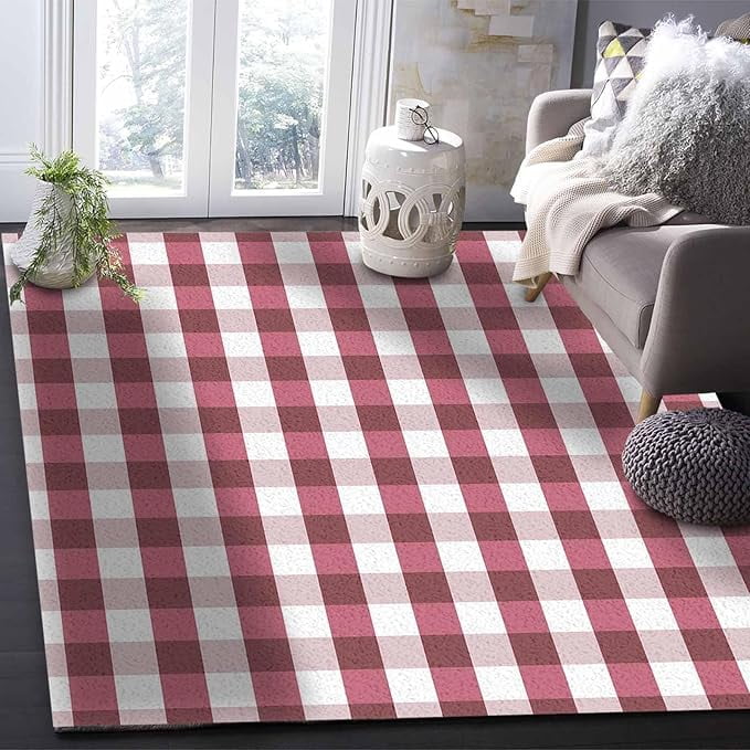 5 x 7ft Rectangular Area Rug For Living Room, Bedroom, Red Checkered ...