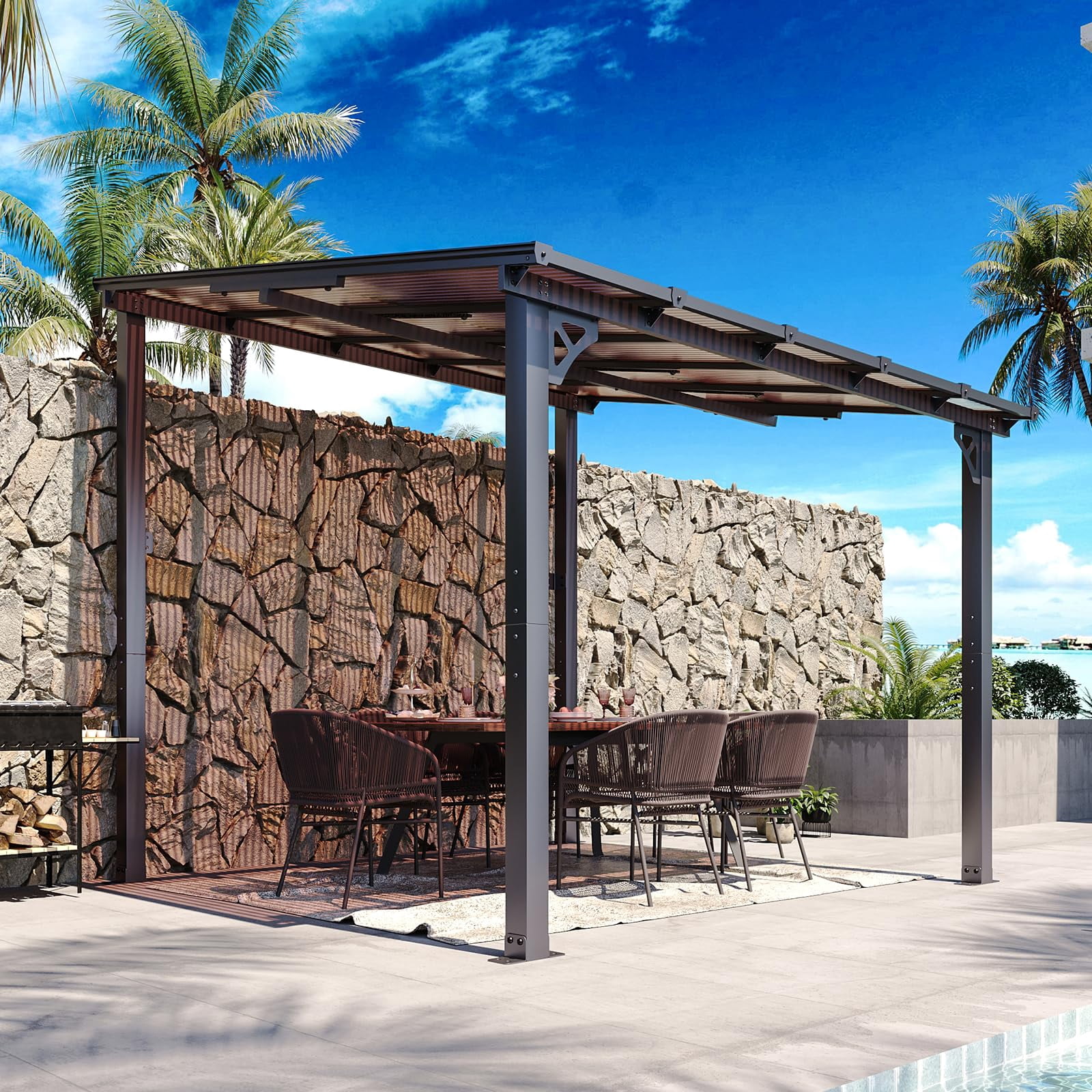 5' x 8' Heavy Duty Gazebo Pergola with Sloped Roof, Wall-Mounted Gray ...