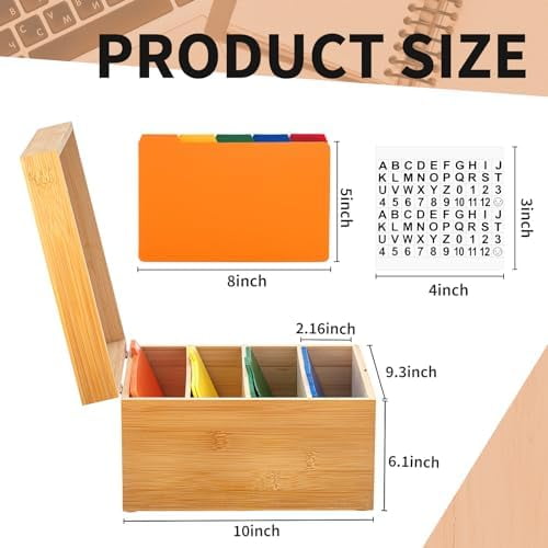 5 x 8 Inch Index Card Holder Set, Bamboo Organizer Box with 50 Dividers ...