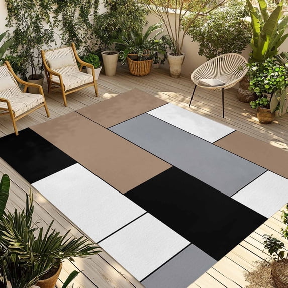 5' x 8' Outdoor Rug, Brown Grey Geometric Outdoor Washable Rug Large ...