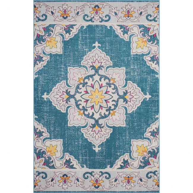 5 x 8 ft. Blue & Ivory Floral Stain Resistant Indoor & Outdoor ...