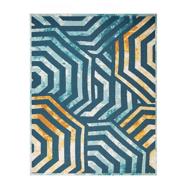 5 x 8 ft. Navy Blue- Cream Geometric Stain Resistant Indoor & Outdoor ...