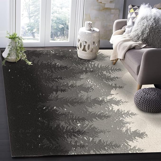 5 x 8ft Grey Forest Tree Area Rug - Retro Mountain Wood-Land Misty ...