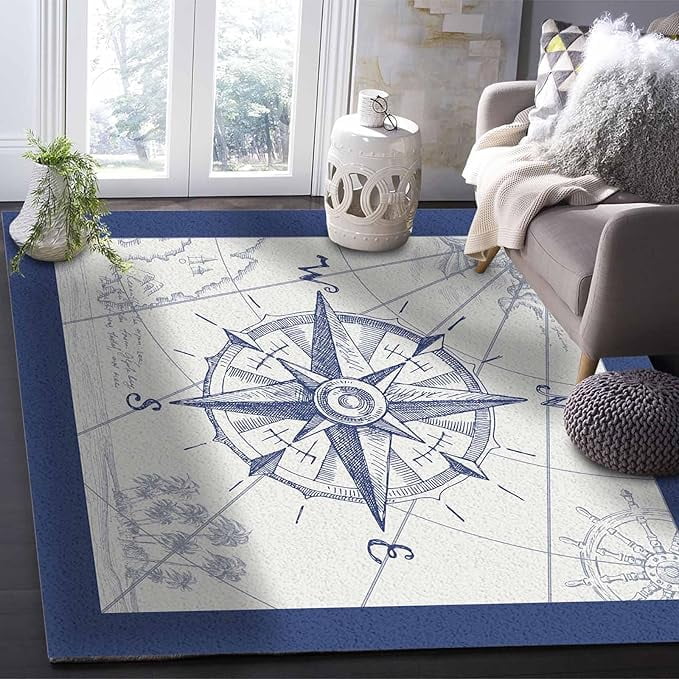 5 x 8ft Nautical Compass Area Rug, Modern Outdoor Living Room Bedroom ...