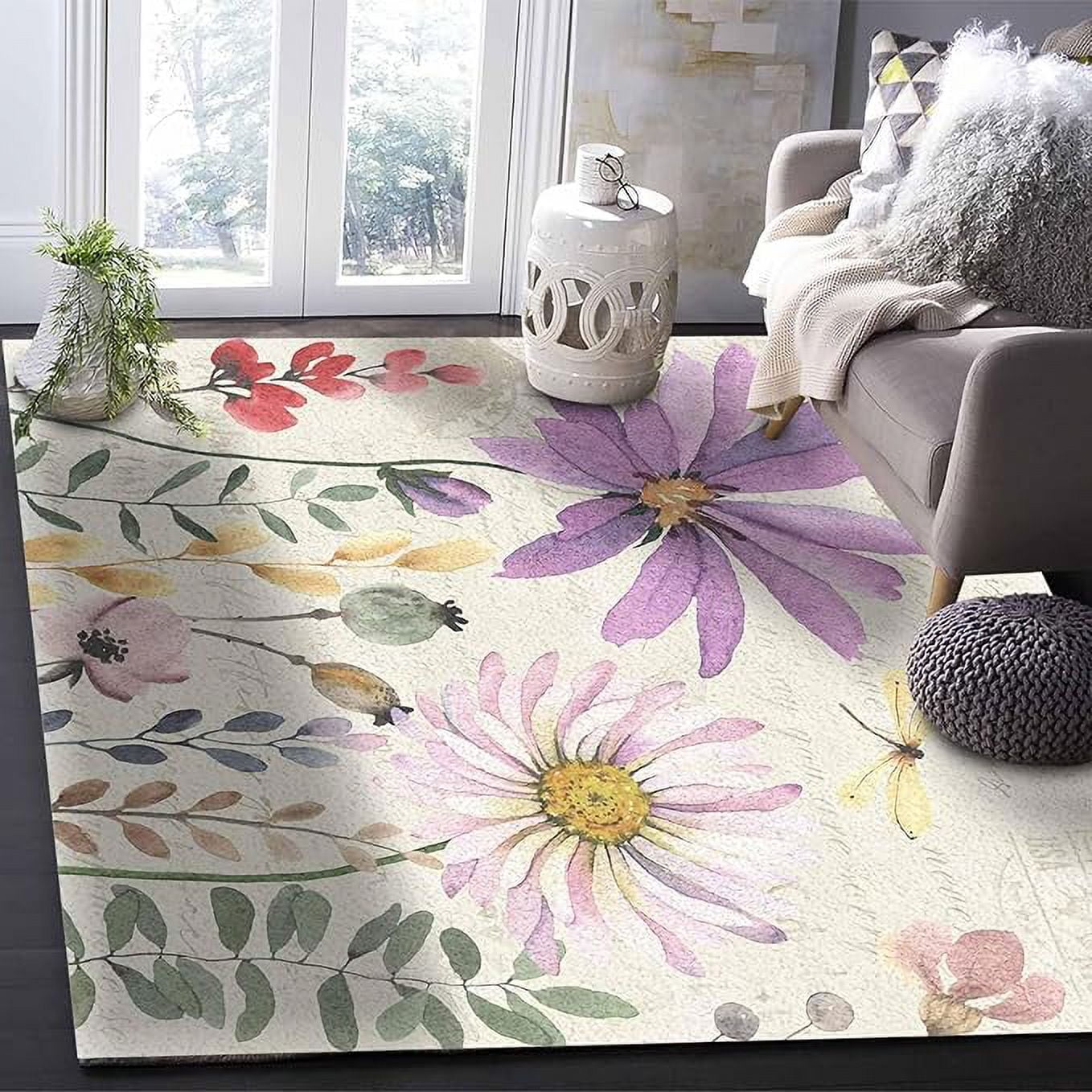 5 x 8ft Purple Pink Floral Area Rug For Living Room, Kids Teen Girls ...