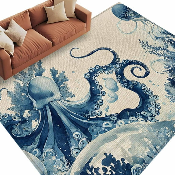 5'x7' Area Rugs Blue Jellyfish Coastal Washable Area Rugs Non-Slip ...