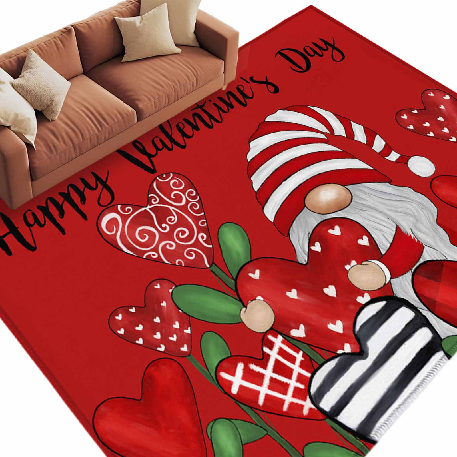 5'x7' Area Rugs Valentines Gnomes Red, Washable Area Rugs Non-Slip ...