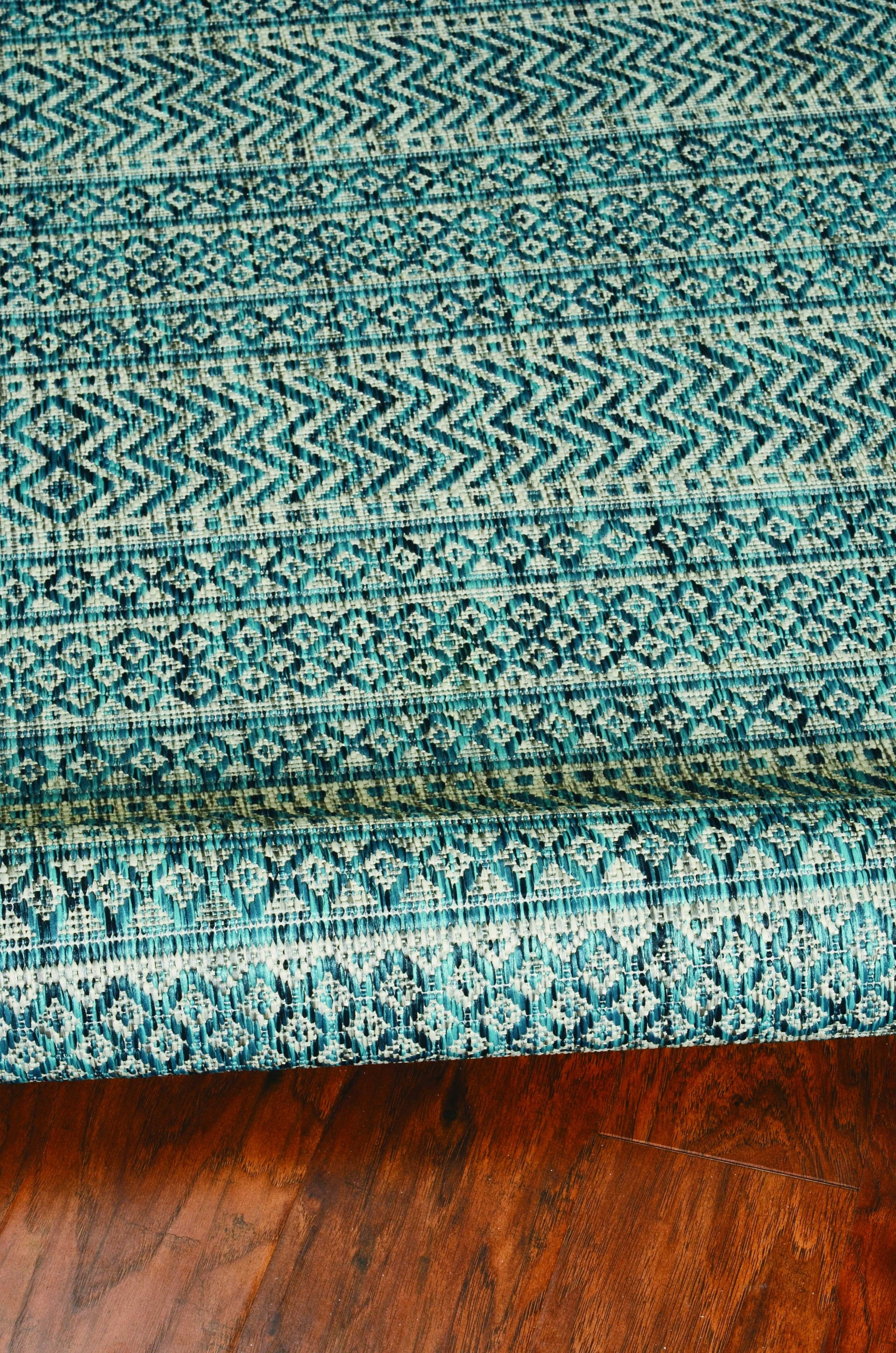 5'x7' Teal Machine Woven UV Treated Tribal Indoor Outdoor Area Rug ...