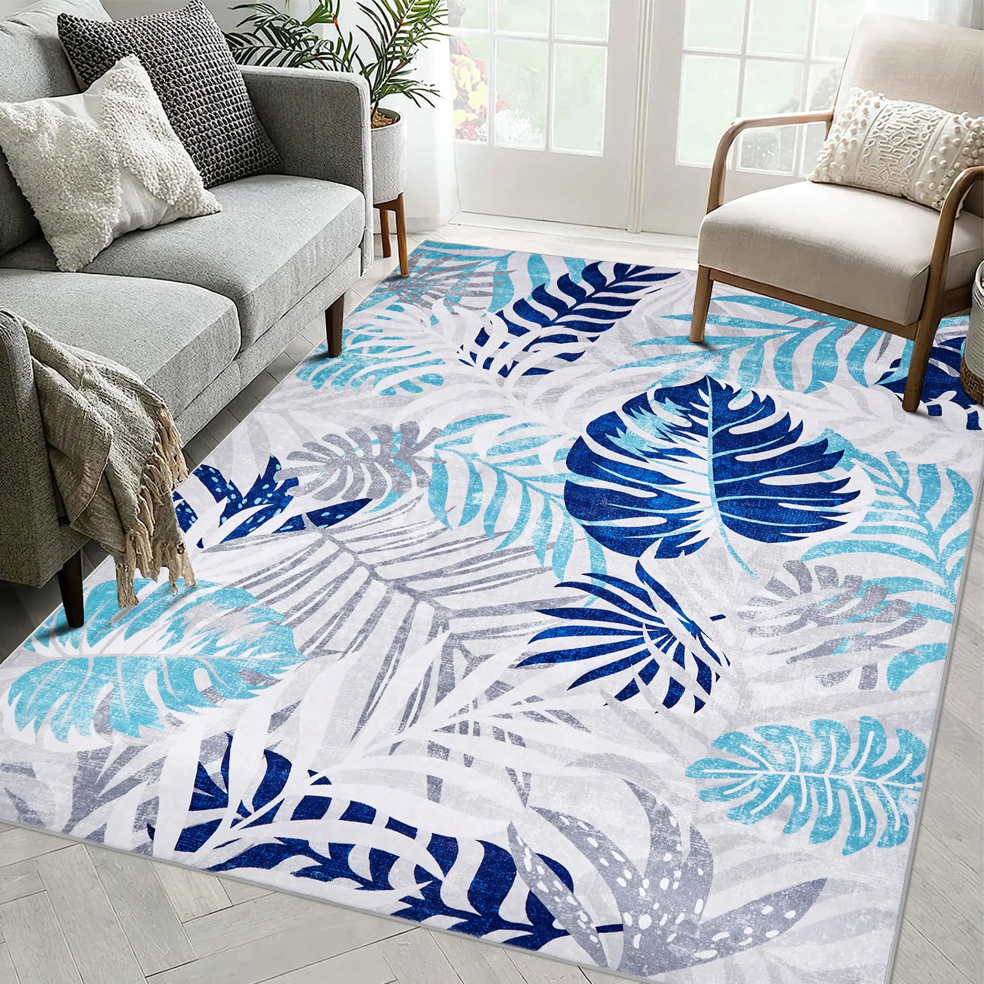WondRg 5'x7' Indoor/Outdoor Blue Leaf Area Rug, Machine Washable Throw for Porch, Backyard and ...