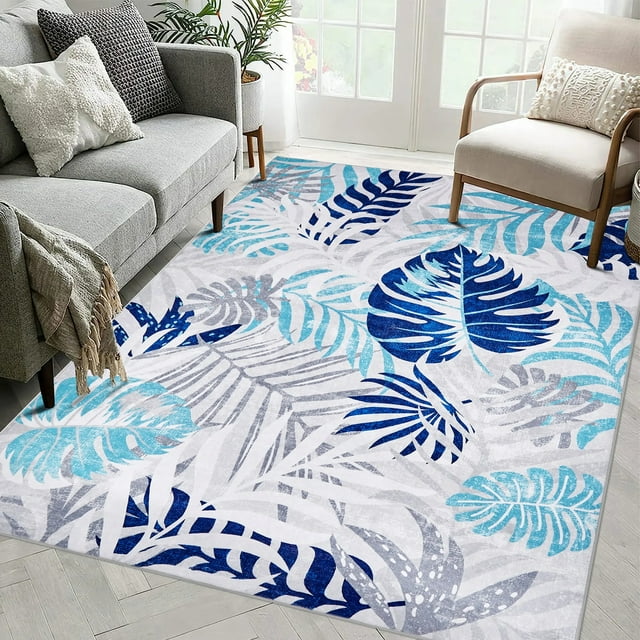 WondRg 5'x7' Indoor/Outdoor Blue Leaf Area Rug, Machine Washable Throw ...