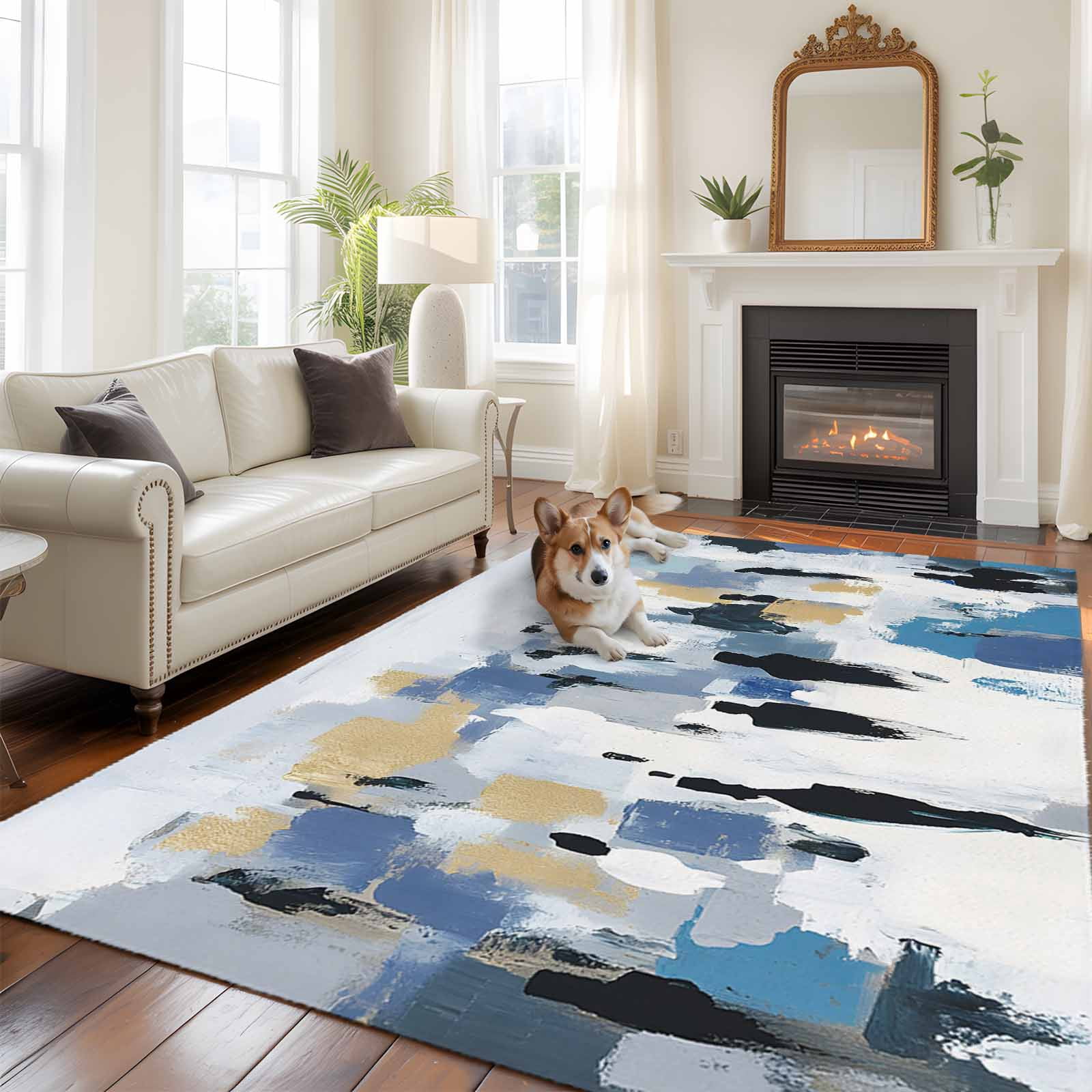5'x8' Area Rugs, Abstract Blue Gold Indoor Outdoor Area Rug for Living ...