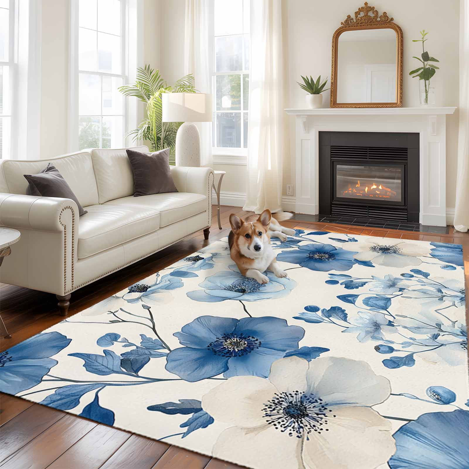 5'x8' Area Rugs, Blue Flower Indoor Outdoor Area Rug for Living Room ...