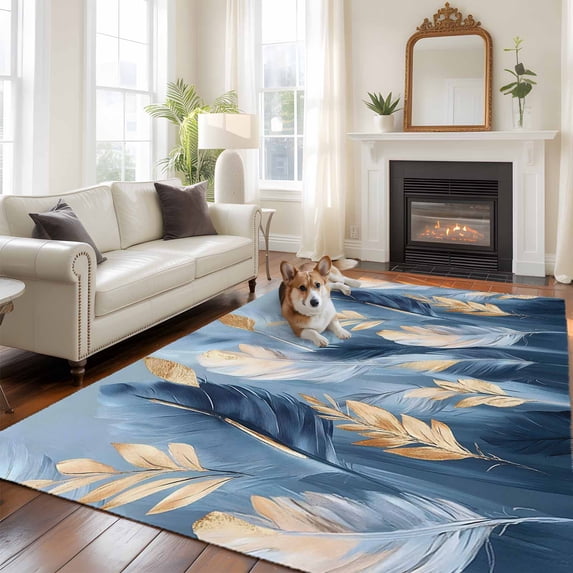 5'x8' Area Rugs, Blue Gold Feather Indoor Outdoor Area Rug for Living ...