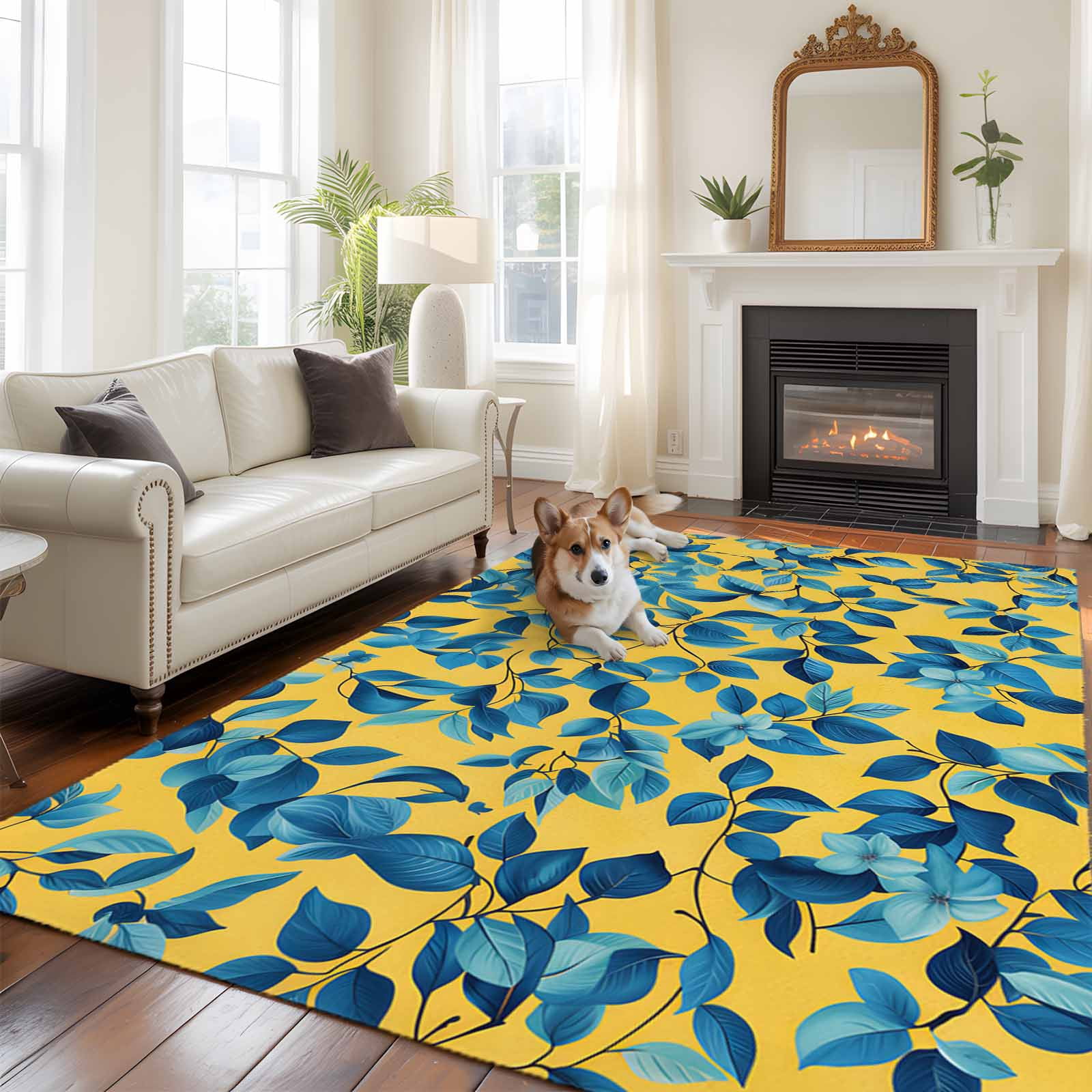 5'x8' Area Rugs, Blue Leaf Flower Indoor Outdoor Area Rug for Living ...