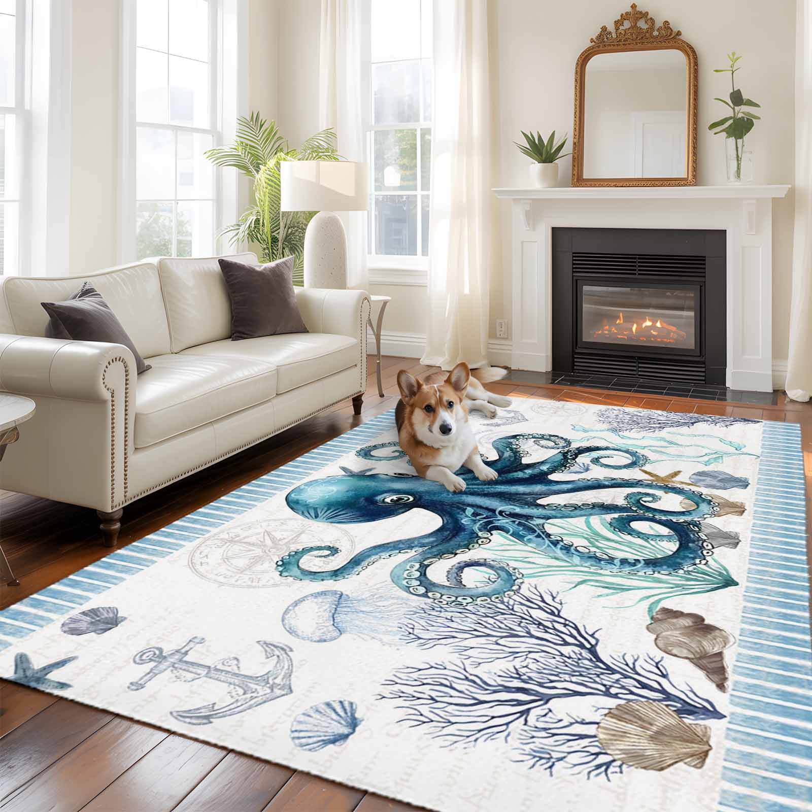 5'x8' Area Rugs, Coastal Octopus Indoor Outdoor Area Rug for Living ...