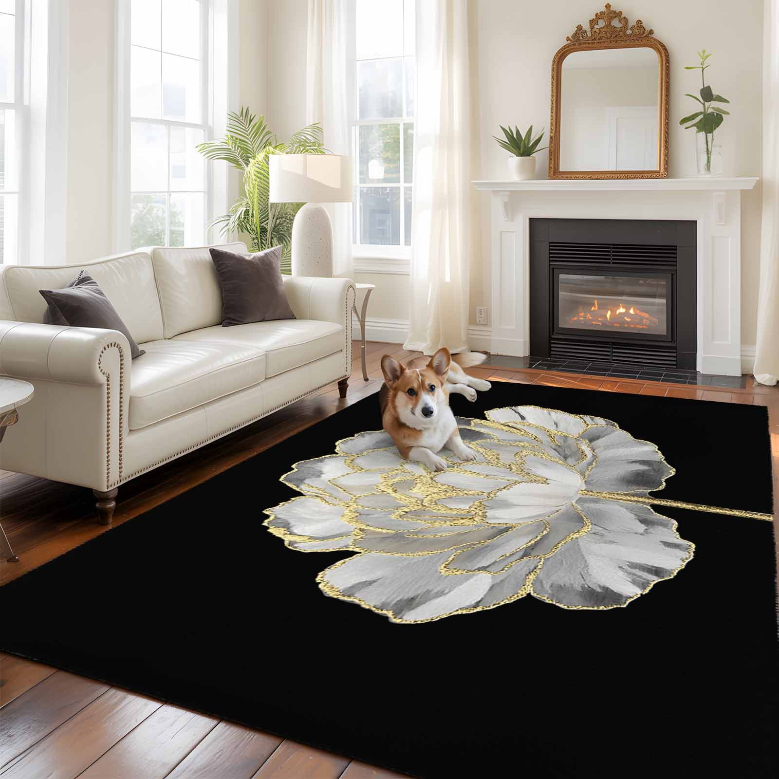 5'x8' Area Rugs, Flower Black Indoor Outdoor Area Rug for Living Room ...