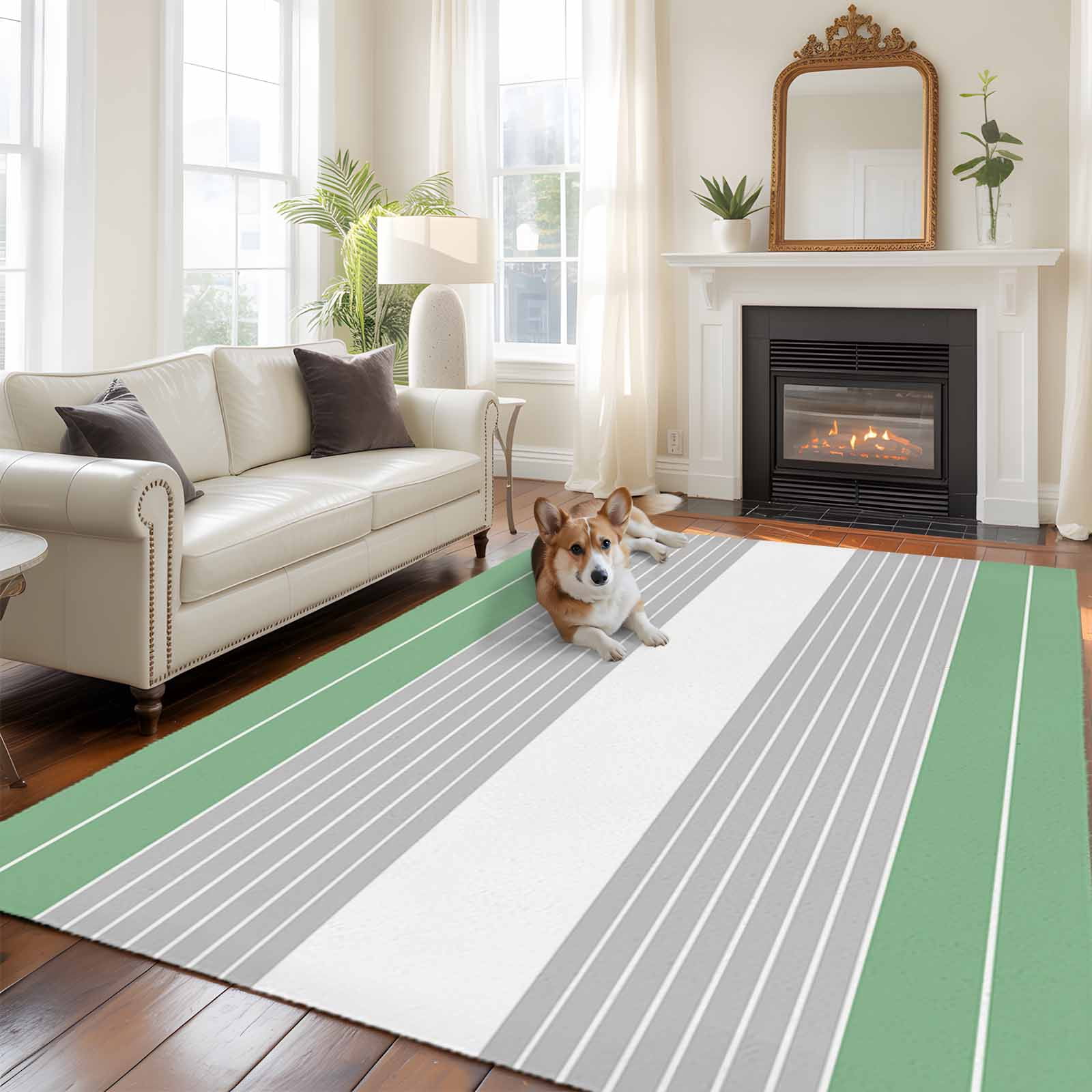 5'x8' Area Rugs, Green Grey Stripe Indoor Outdoor Area Rug for Living ...