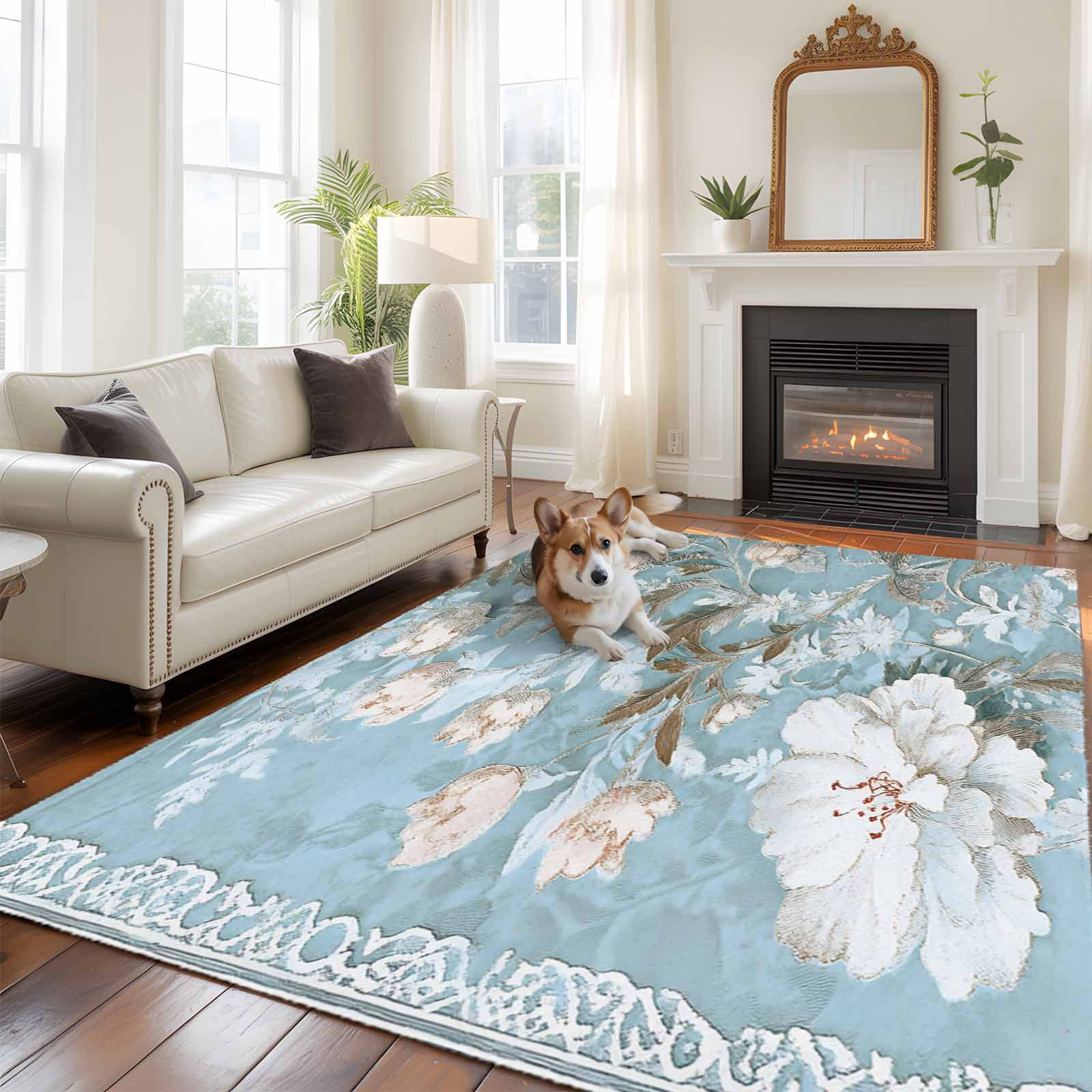 5'x8' Area Rugs, Light Blue White Floral Indoor Outdoor Area Rug for ...